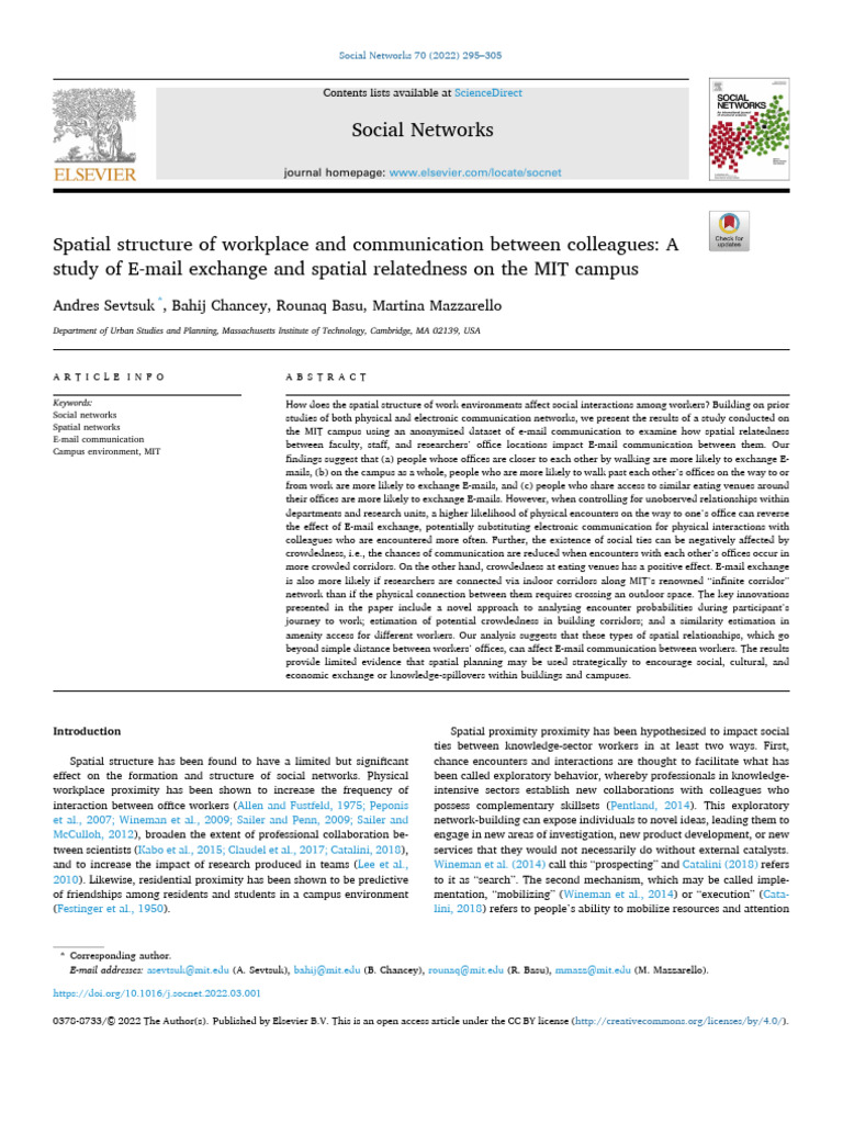 Sevtsuk-2022-Spatial Structure of Workplace and Communication Between Colleagues | PDF | Social ...