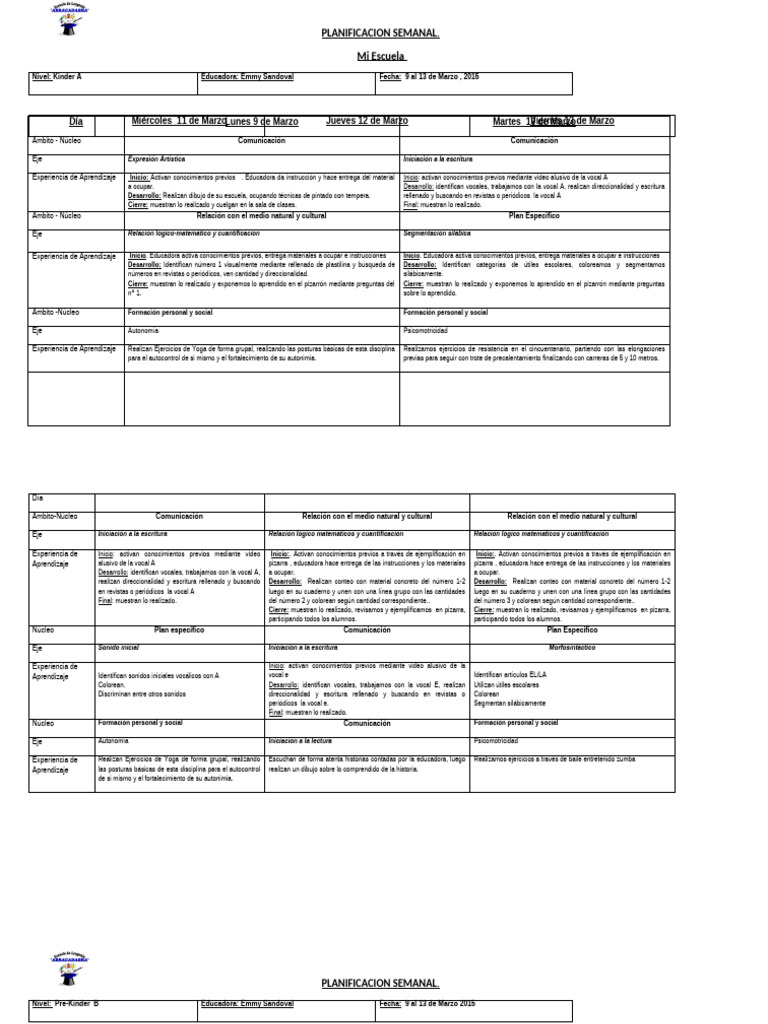 Planificación Semanal Kinder A y Pre-Kinder B | PDF | Aprendizaje