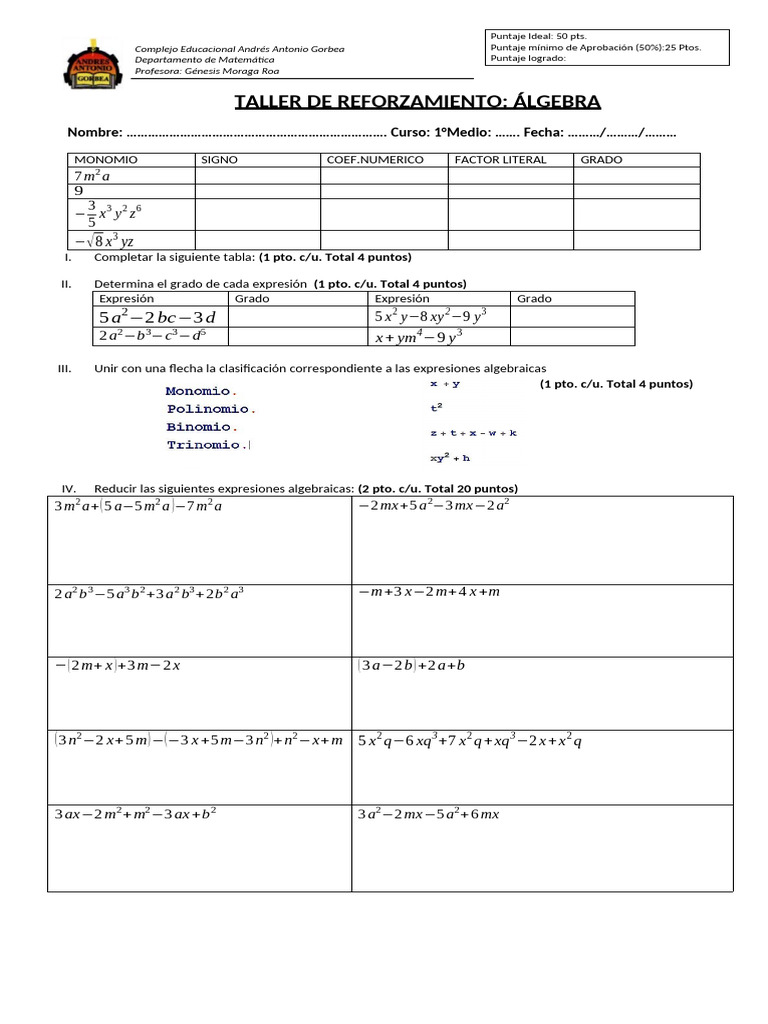 Taller - Algebra Resumen - 1°a | PDF | Matemáticas | Matemática Elemental
