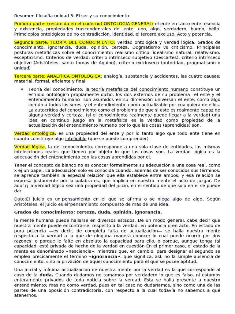 Resumen Filosofia Unidad 3 | PDF | Verdad | Realismo filosófico