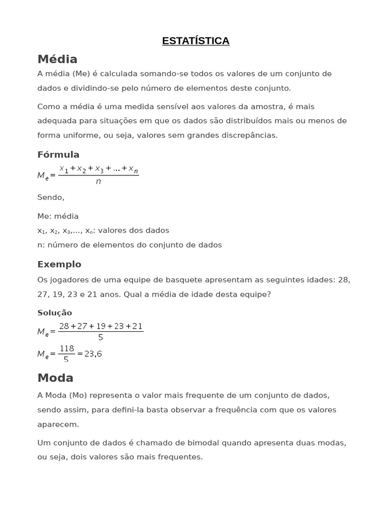 Média, Moda e Mediana na Estatística | PDF | Modo (Estatística) | Média