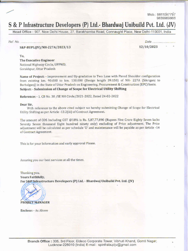 Letter No-13 Submission of Change of Scope For Electrical Utility ...
