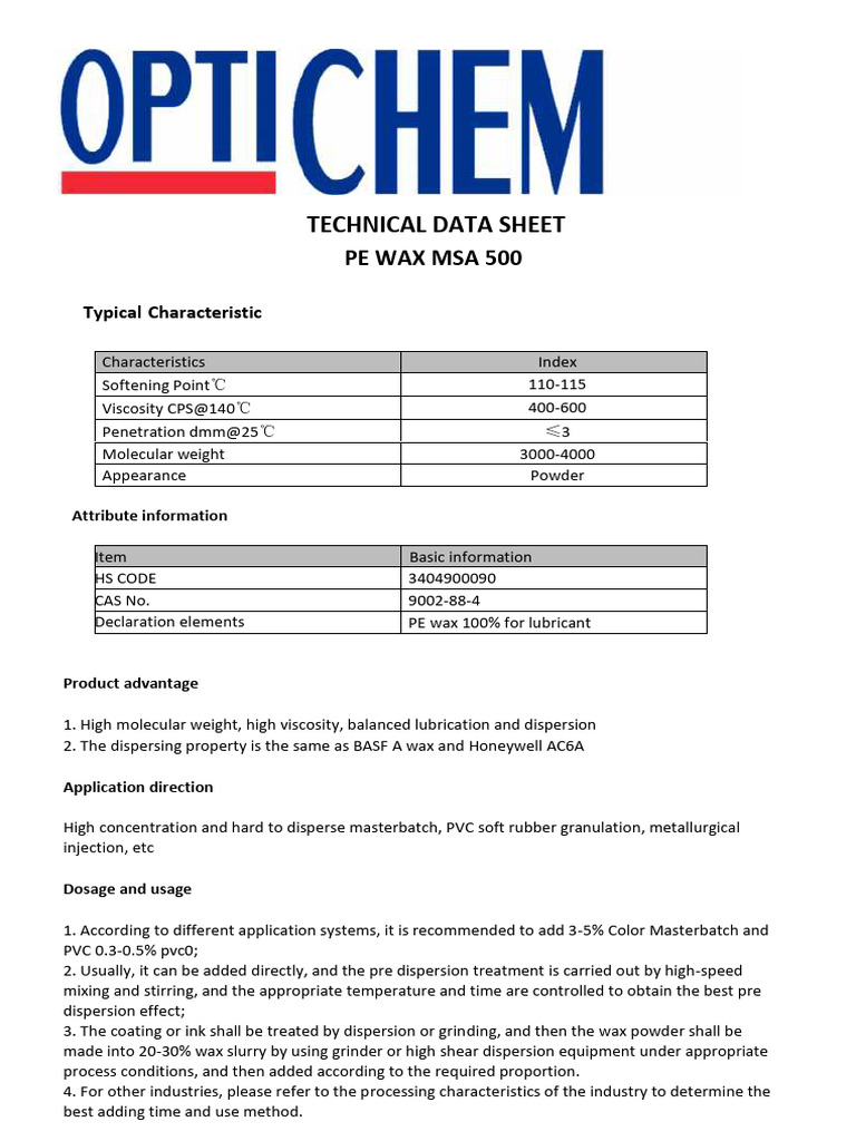 PE Wax MSA 500 Technical Data Sheet | PDF | Wax | Viscosity