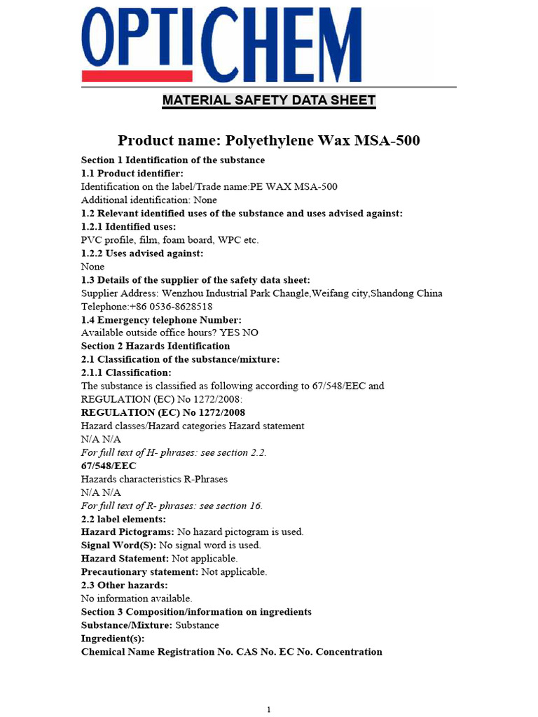 MSDS Pe Wax Msa | PDF | Firefighting | Toxicity