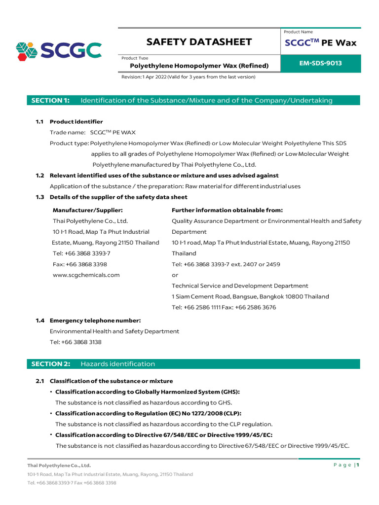 Sds SCGC Pe Wax Pe Wax Refined | PDF | Technology & Engineering