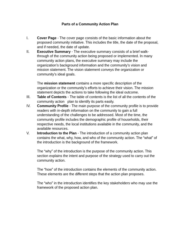 Parts of A Community Action Plan | PDF | Goal | Information