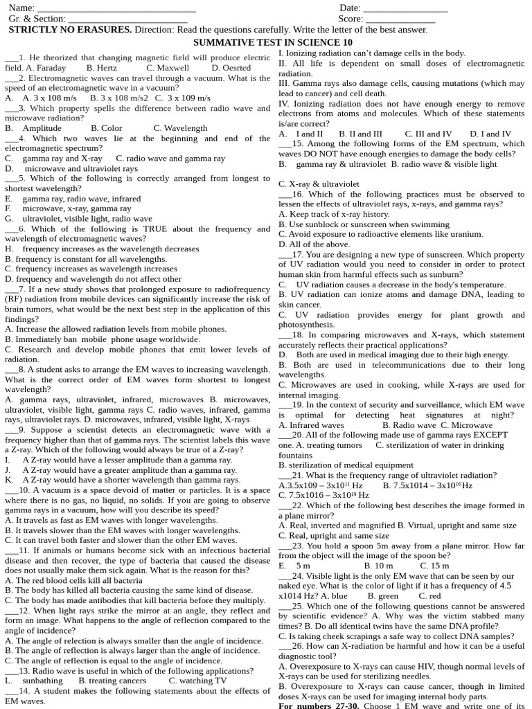 2nd QT Summative Science 10 | PDF | Electromagnetic Radiation | Radiation