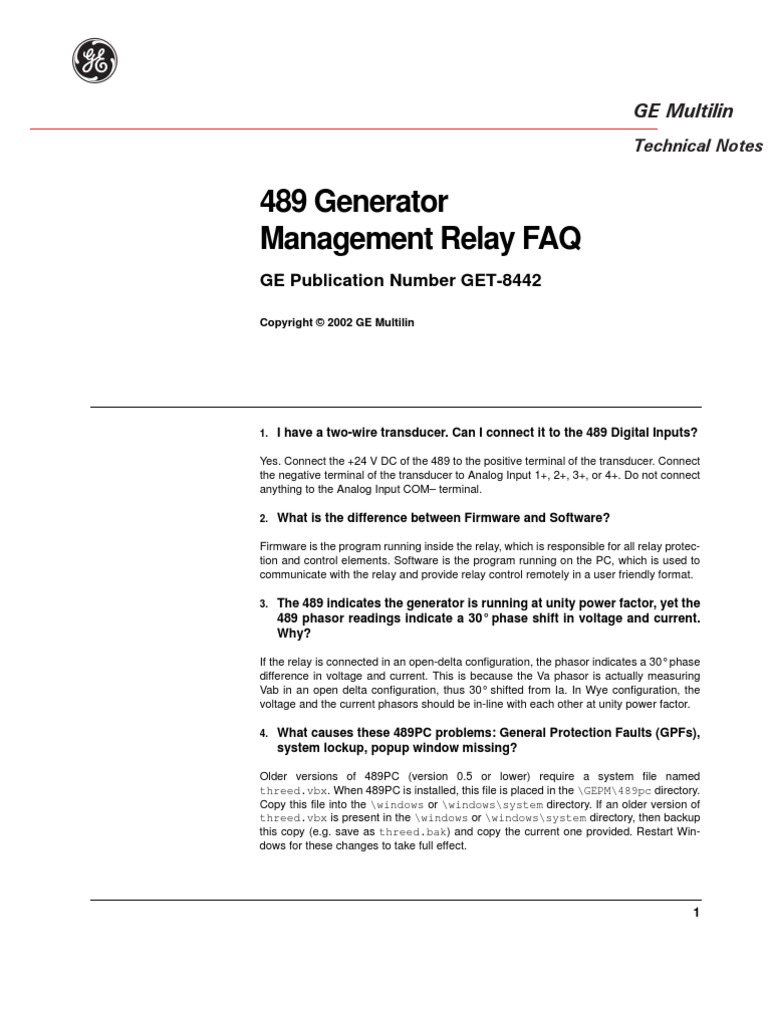 489 Generator Management Relay FAQ: GE Multilin | PDF | Duplex ...