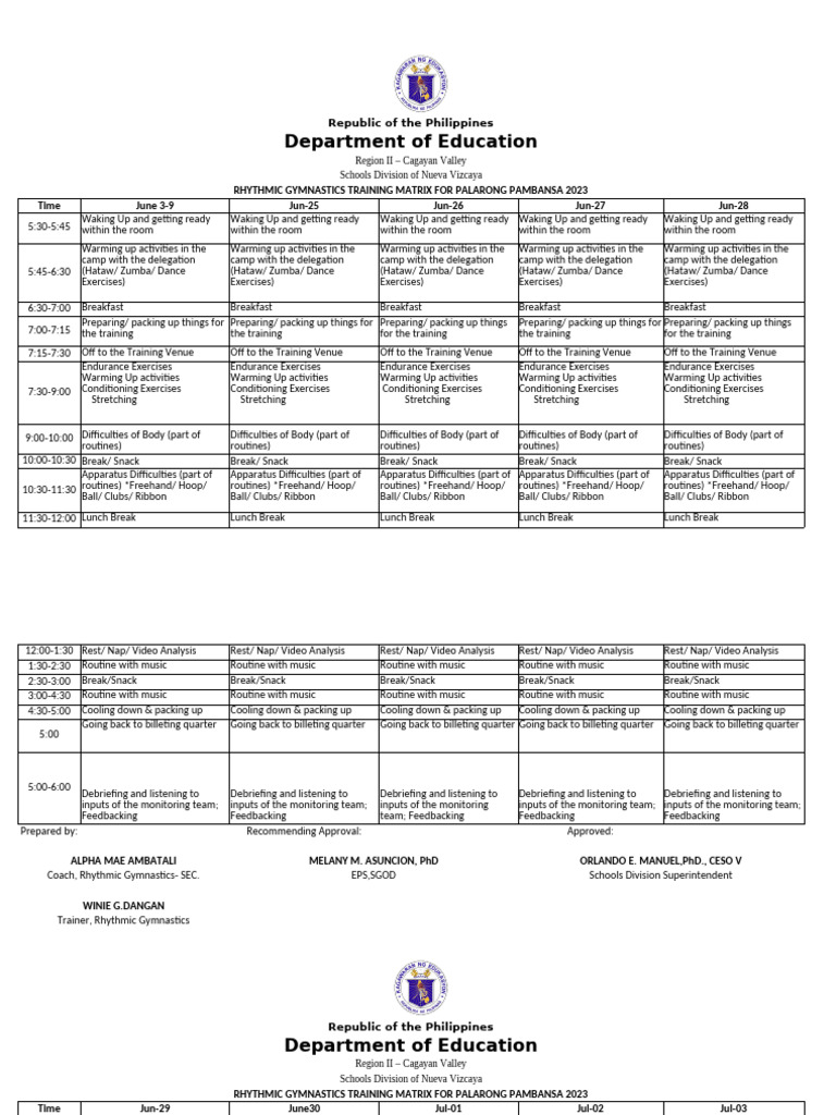 Training Matrix RHYTHMIC GYMNASTICS | PDF | Sports | Individual Sports