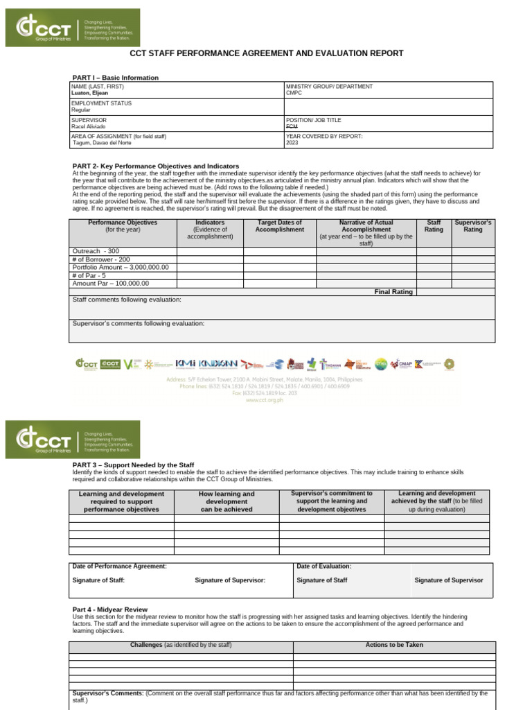 Staff Performance Agreement and Evaluation Form On CCT Letterhead 1 ...