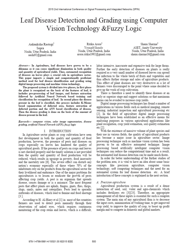 Leaf Disease Detection and Grading Using Computer Vision Technology Amp Fuzzy Logic | PDF ...