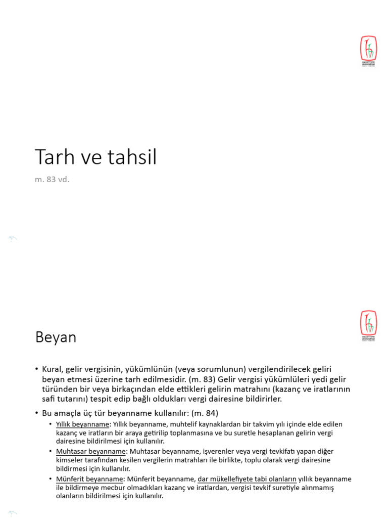 Vergi Hukuku II - 013 Gelir Vergisi 11 - Tarh Ve Tahsil | PDF