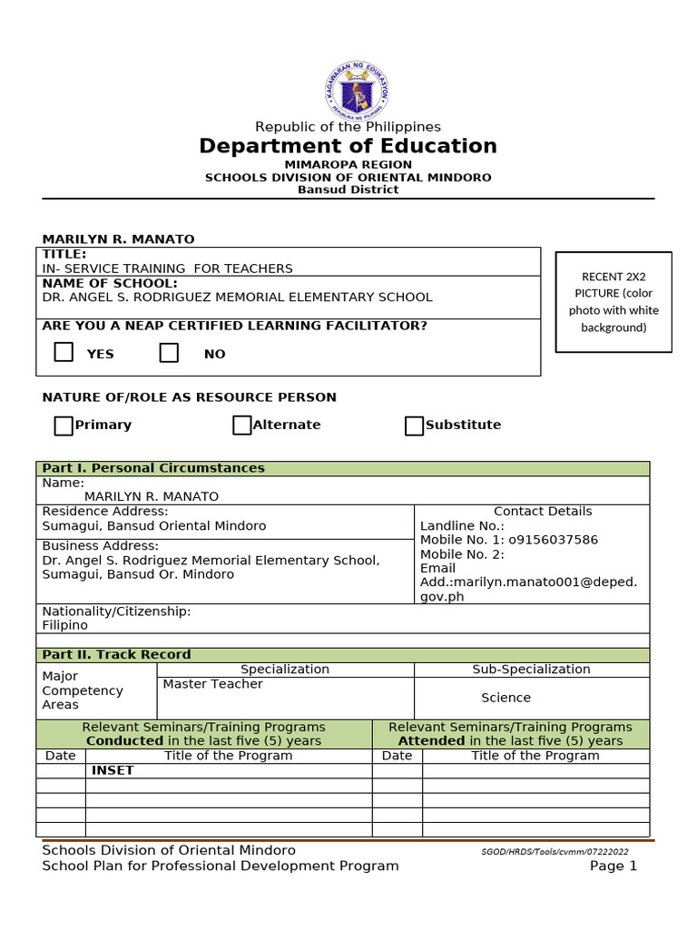 Form 3 SPPD CV Resource Person | PDF