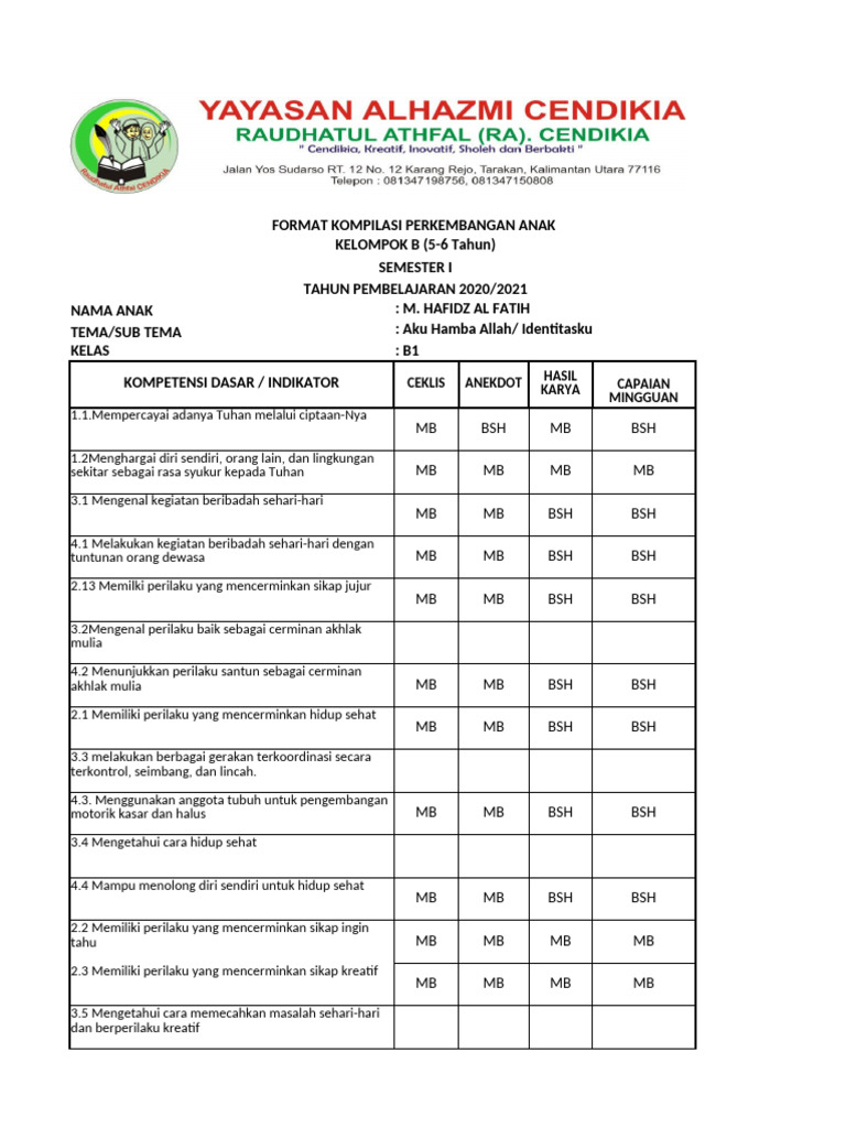 Penilaian Perkembangan Anak Kelas B1 | PDF | Karier & Perkembangan