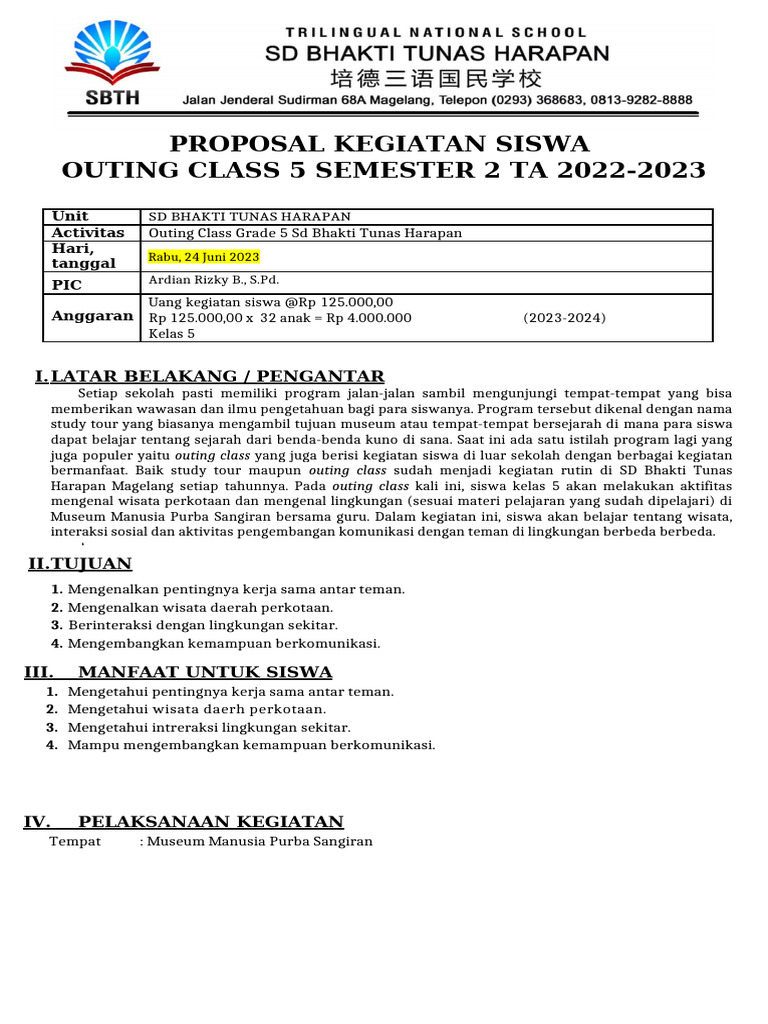 Proposal Outing Class Kelas 5 | PDF