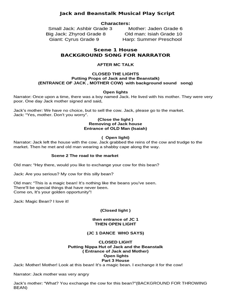 Jack and Beanstalk Musical Play Script | PDF