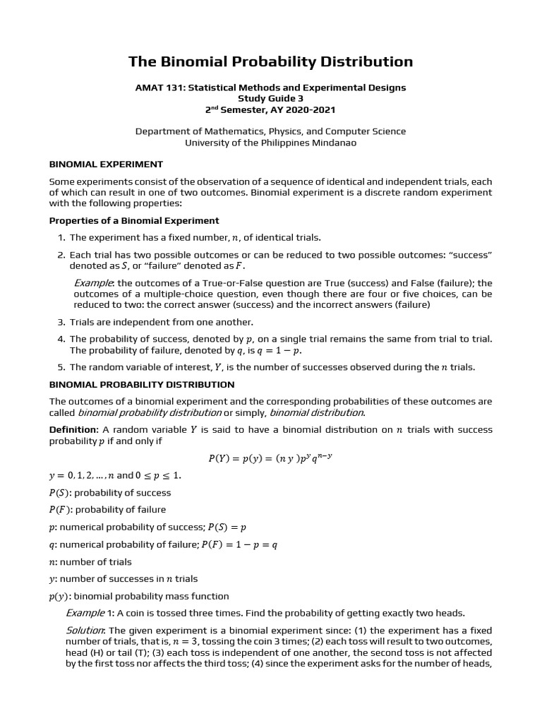 AMAT 131 SG 3 Binomial Probability Distribution | PDF | Probability Distribution | Variance