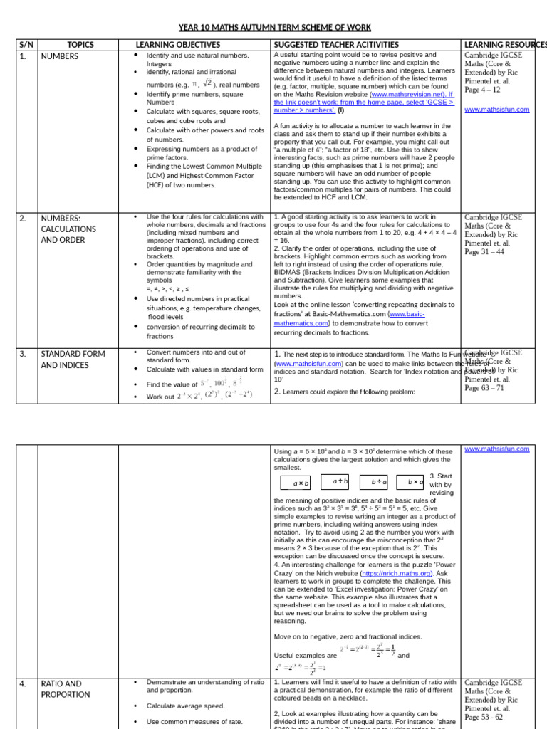 Year 10 Maths Autumn Term Scheme of Work (Amended) | PDF | Numbers ...