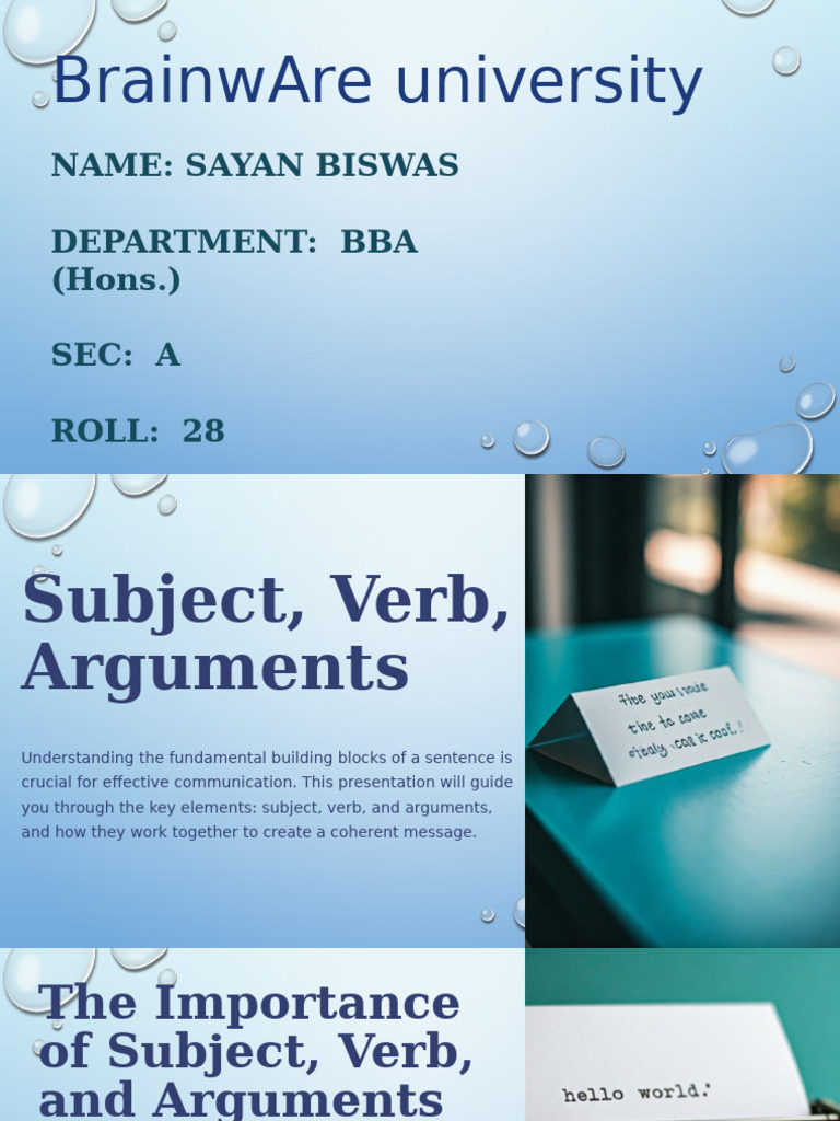 Subject, Verb, Arguments Sayan Biswas BBA | PDF | Verb | Subject (Grammar)