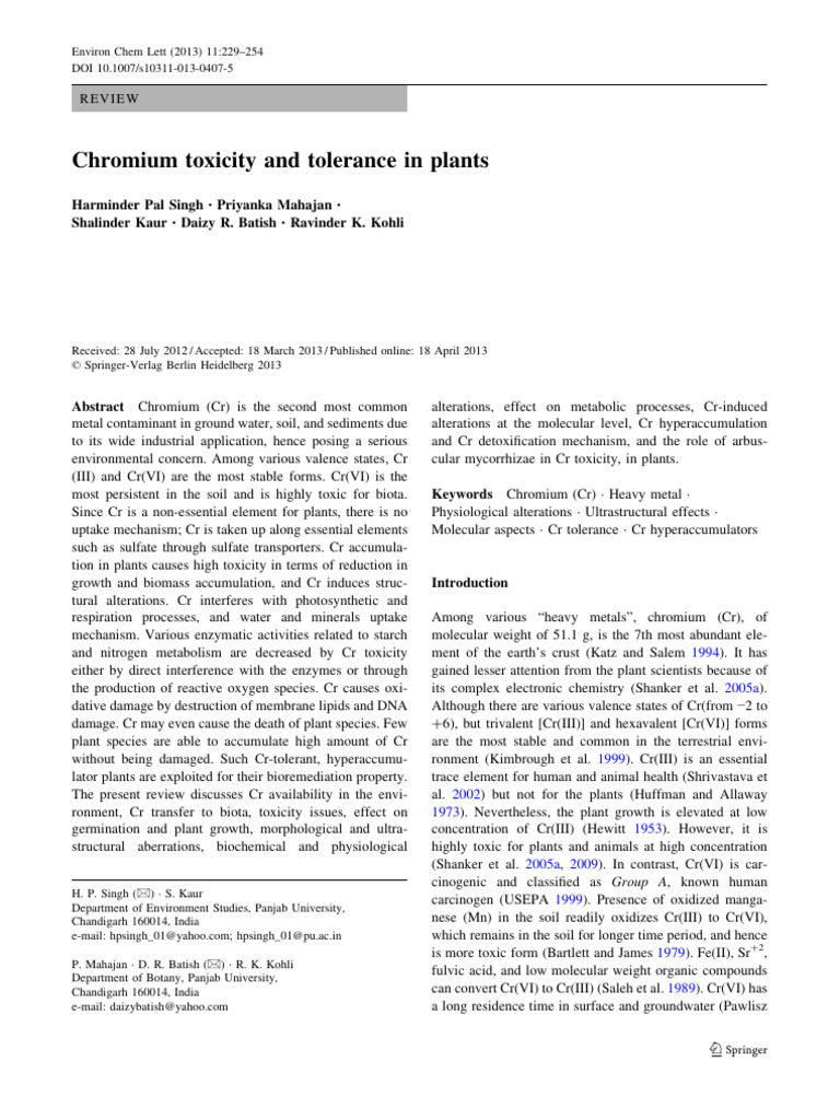 Chromium Toxicity and Tolerance in Plants | PDF | Chromium | Photosynthesis