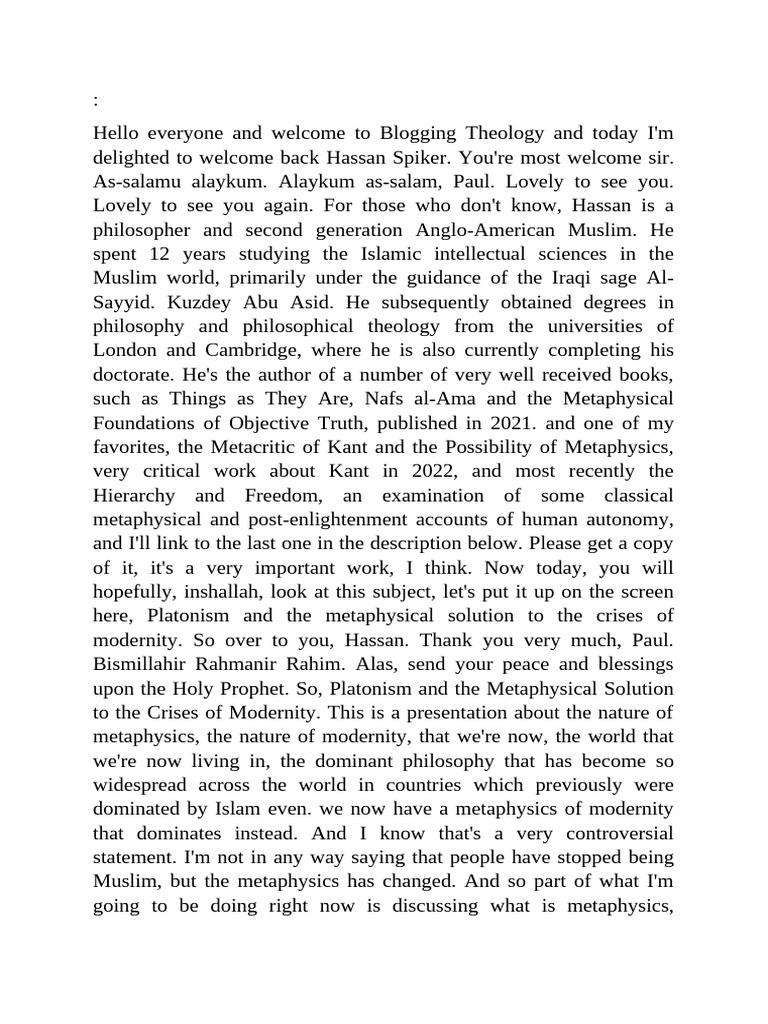 Platonism & The Metaphysical Solution To The Crises of Modernity With ...