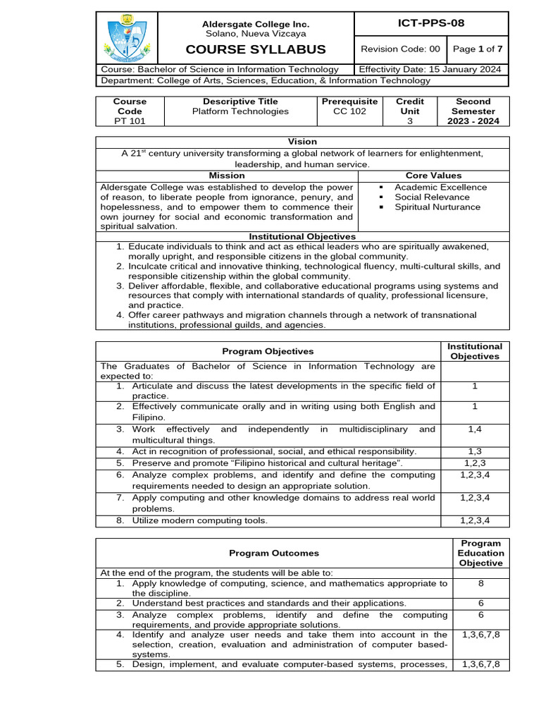 ICT-PSS-08 24-1 PT 101 - Platform Technologies | PDF | Computing | Computer Program