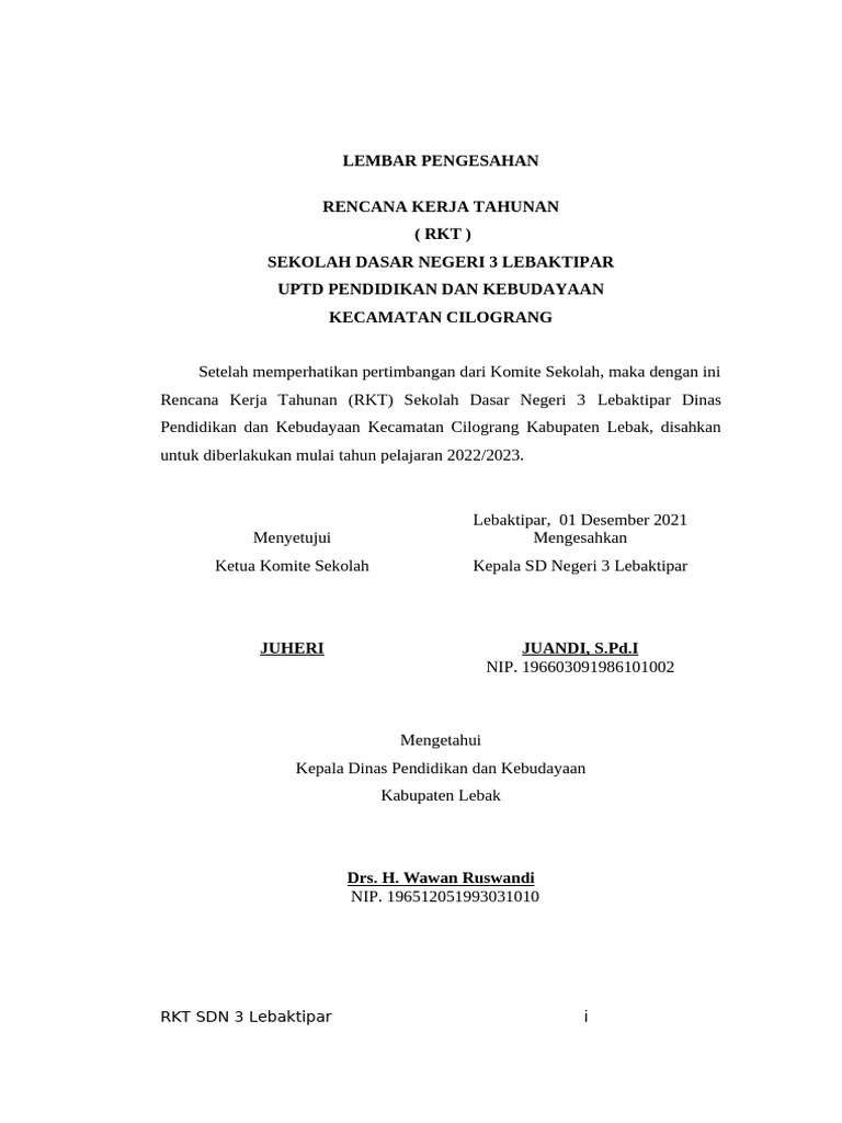Lembar Pengesahan RKT | PDF