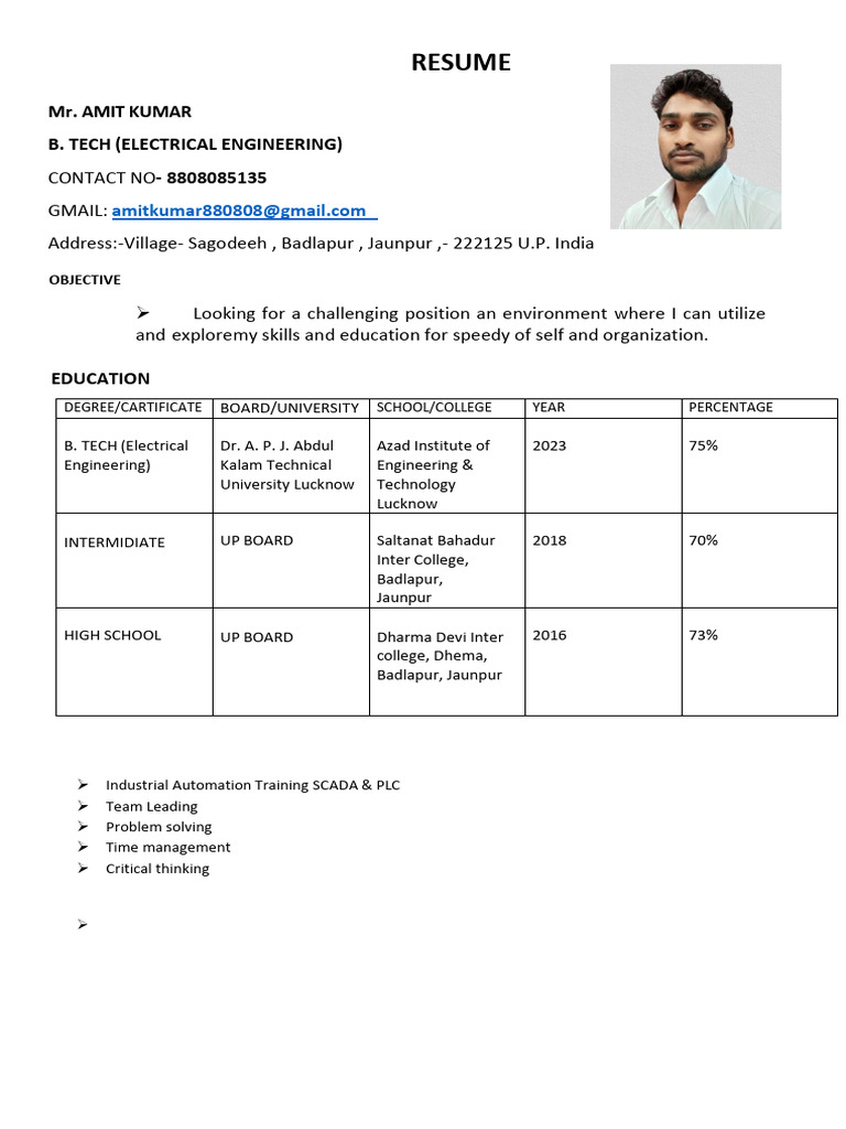 AMIT KUMAR RESUME | PDF | Programmable Logic Controller | Relay
