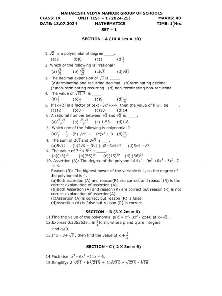 IX Maths QP 18.7.2024 | PDF