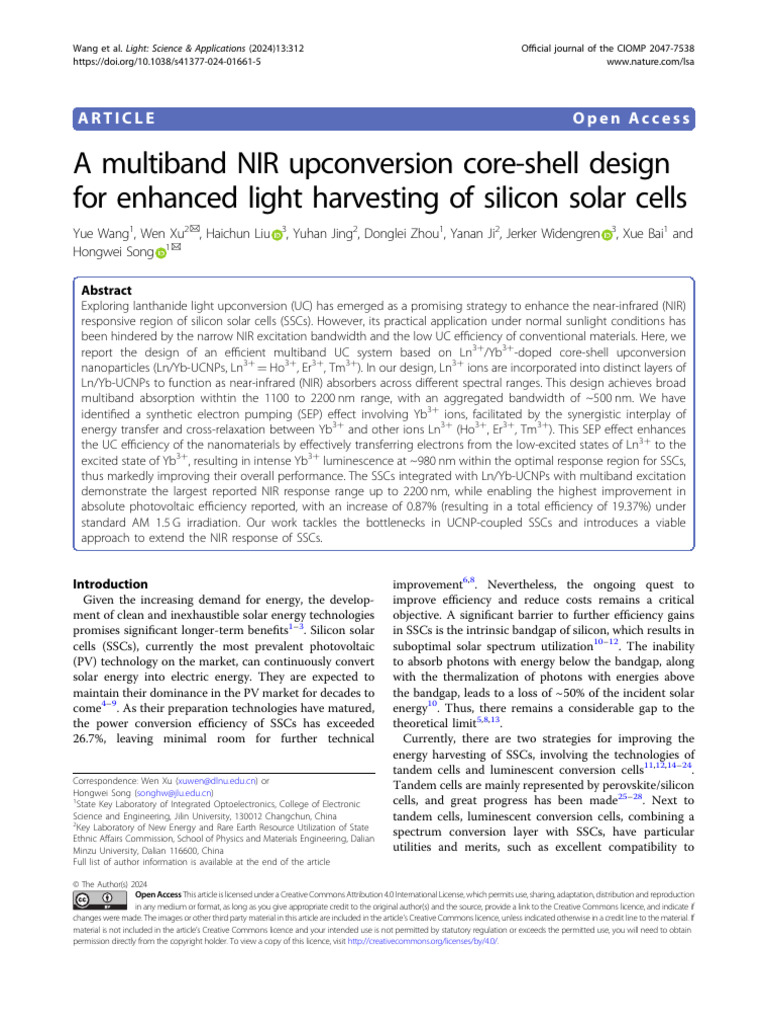 A Multiband NIR Upconversion Core-Shell Design For Enhanced Light Harvesting of Silicon Solar ...