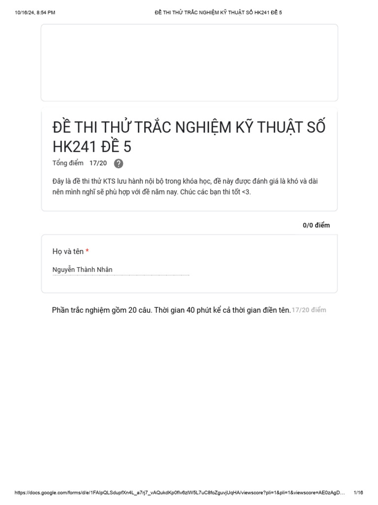 ĐỀ THI THỬ TRẮC NGHIỆM KỸ THUẬT SỐ HK241 ĐỀ 5 | PDF