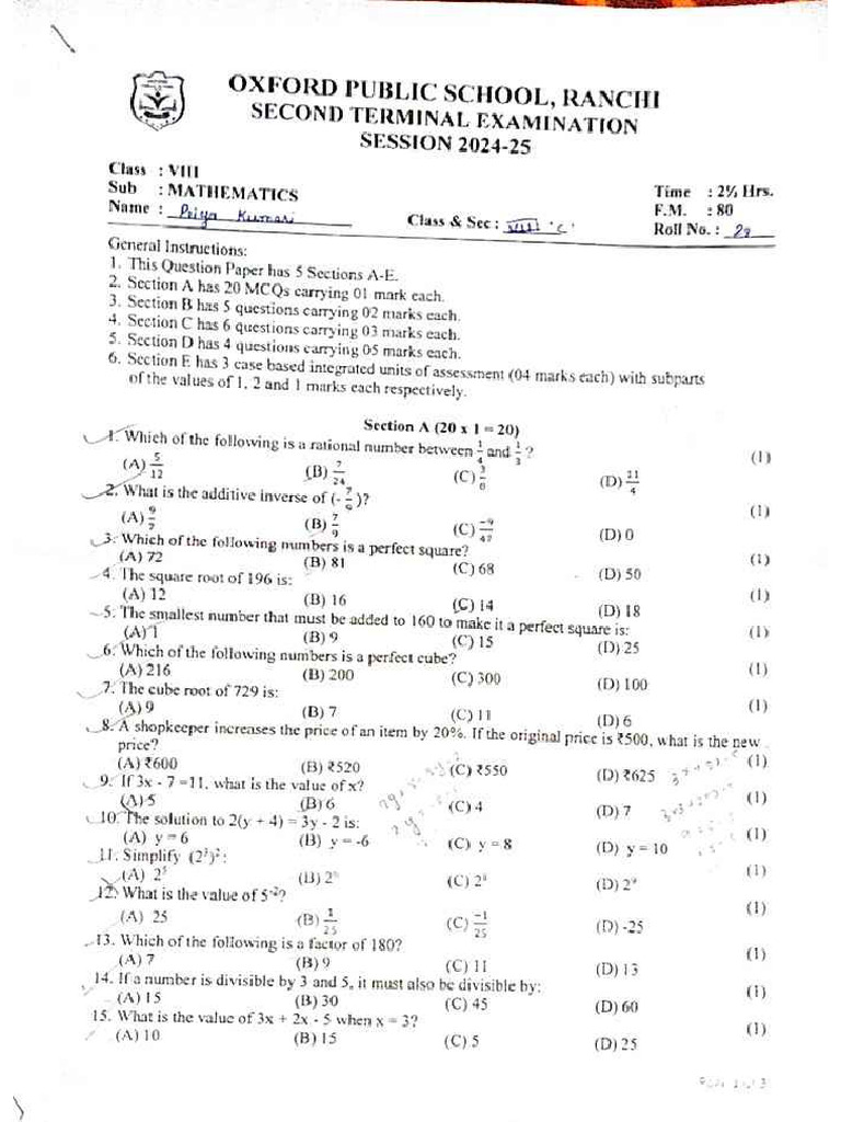 Maths Question Paper 2024-2025 Class 8 | PDF