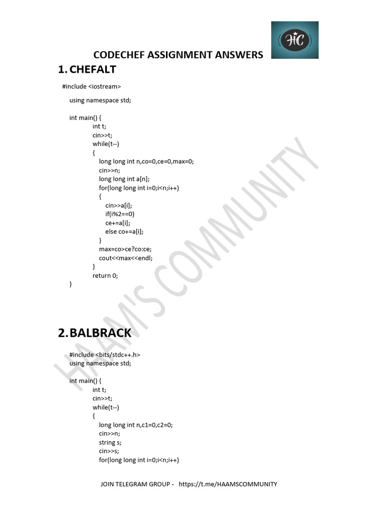 Codechef Assignment Answers - Haam's Community | PDF | Namespace | Computer Programming