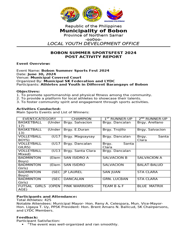 Sportsfest Activity Report | PDF | Sports