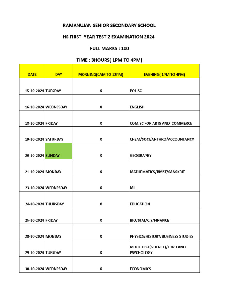 Exam Schedule for HS First Year | PDF