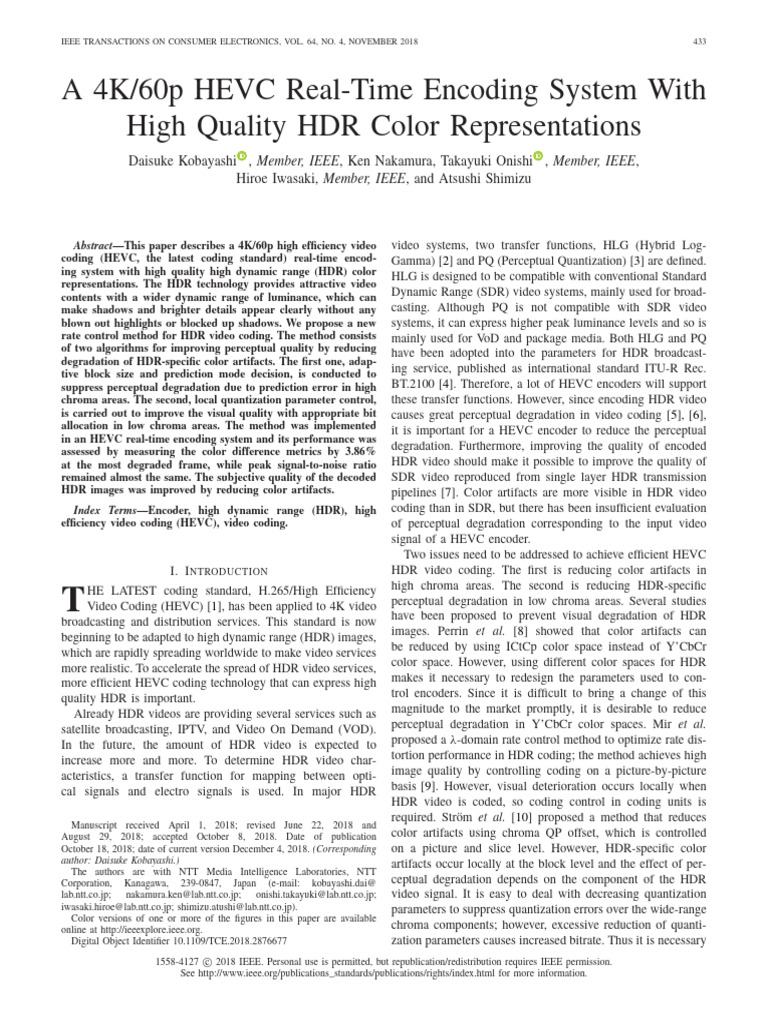 A 4K 60p HEVC Real-Time Encoding System With High Quality HDR Color Representations | PDF ...