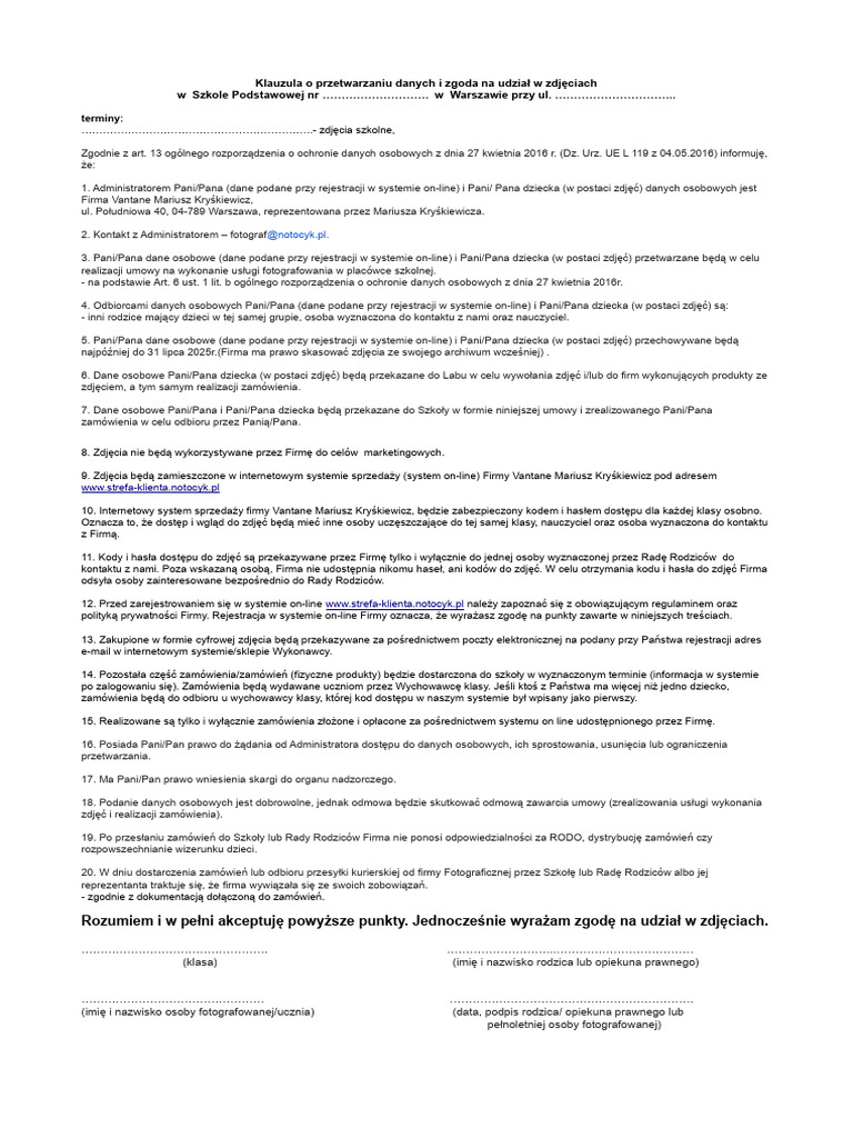 Zgoda RODO Szkola Wzor 2024 2025 | PDF