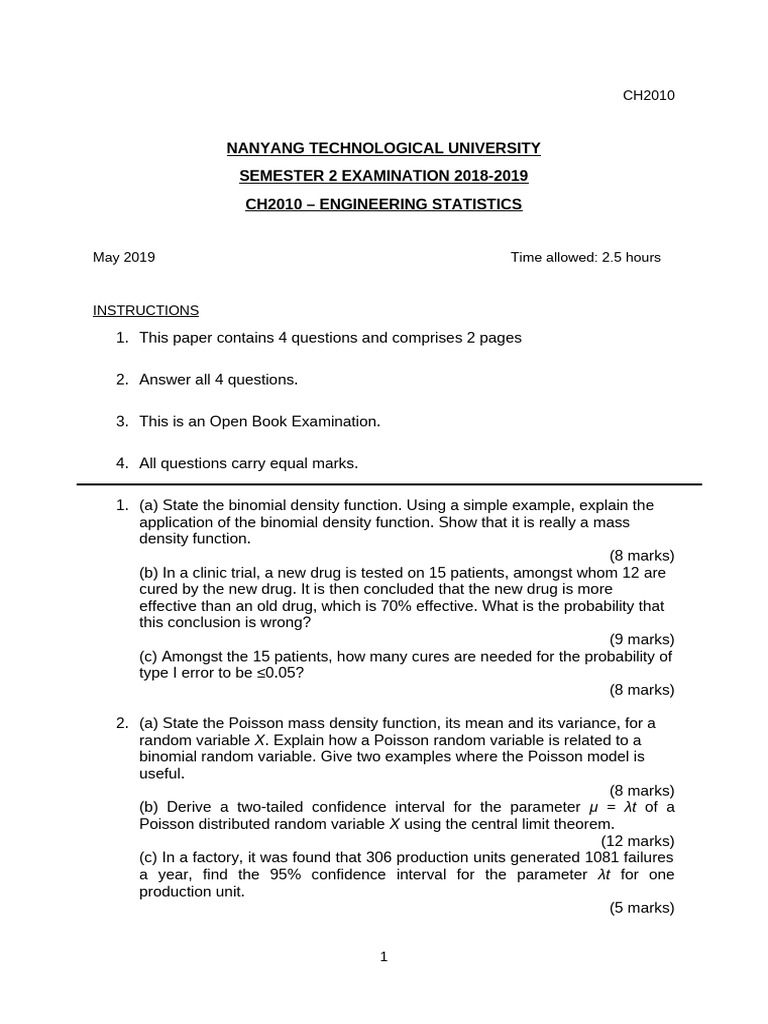 CH2010 Engineering Statistics Questions AY2018-2019 | PDF | Poisson ...