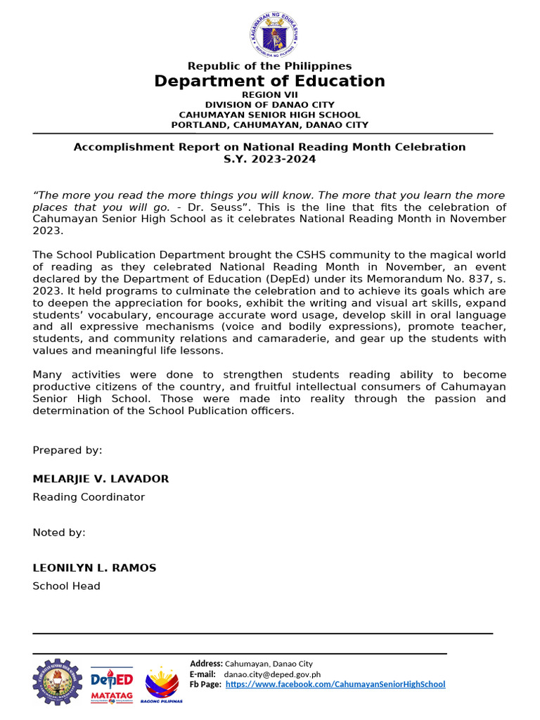 CSHS ReadingMonth Accomplishment Report 2023 | PDF | Behavior Modification | Cognition