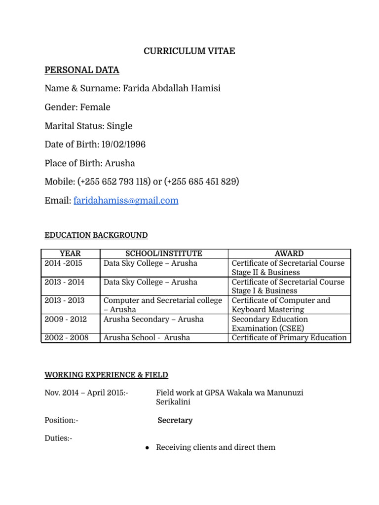 Farida Hamisi (Curriculum Vitae) | PDF | Computing