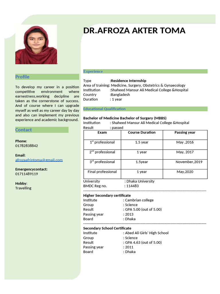 CV of Dr. Afroza Akter Retouch | PDF | Medical School | Health Care