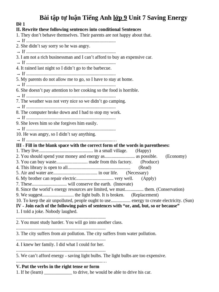 Bài tập tự luận Tiếng Anh lớp 9 Unit 7 Saving Energy - KDA | PDF | Solar Energy