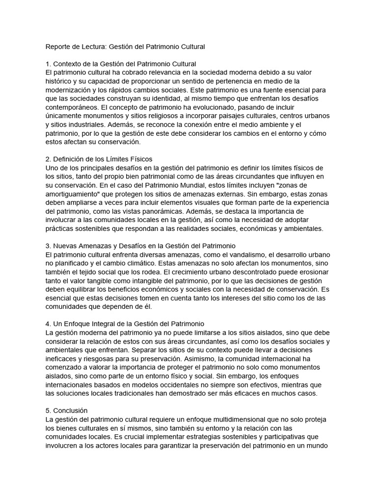 Reporte de Lectura - Gestión Del Patrimonio Cultural | PDF | Patrimonio cultural | Bienes (Ley)