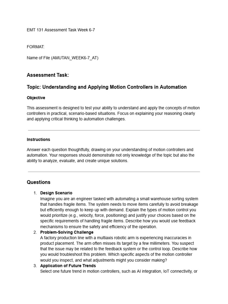 EMT 131 Assessment Task Week 7 | PDF | Automation | Critical Thinking