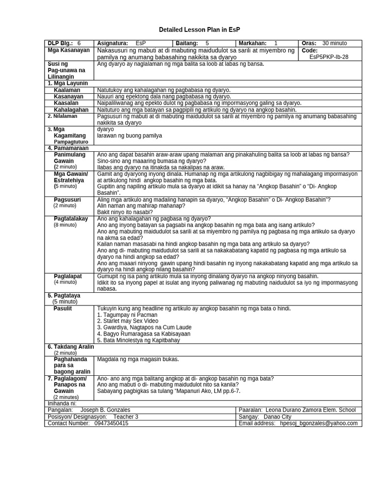 ESP 5 - Day 6-QUARTER 1 | PDF