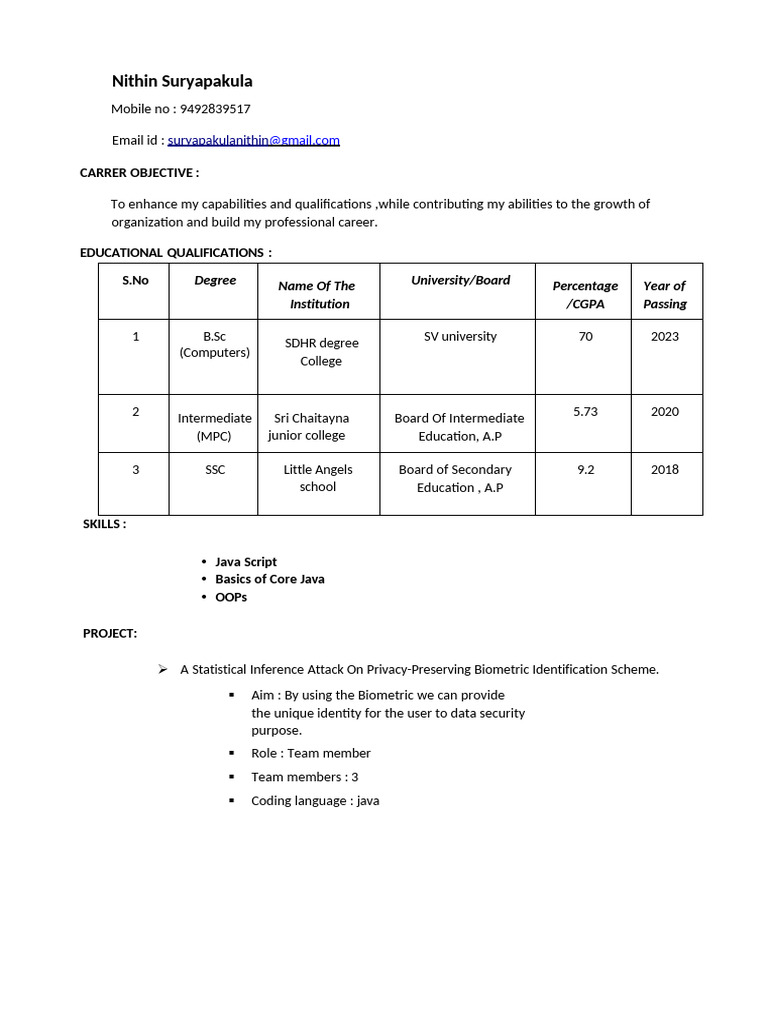 Nithin_Resume | PDF | Information Technology | Computing
