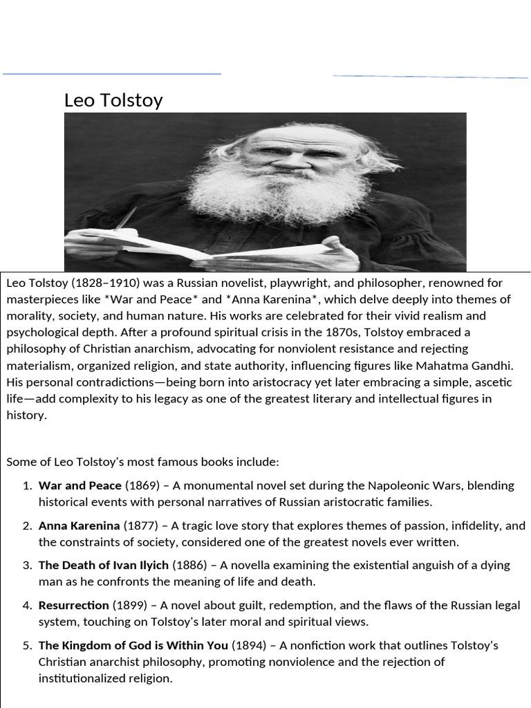 Leo Tolstoy: Life, Works, and Philosophy | PDF | History | Classics