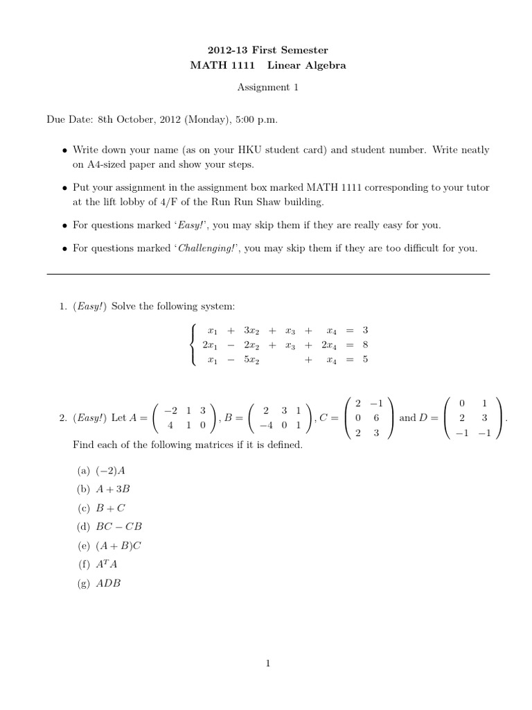 Linear Algebra Assignment 1 | PDF | Matrix (Mathematics) | Operator Theory