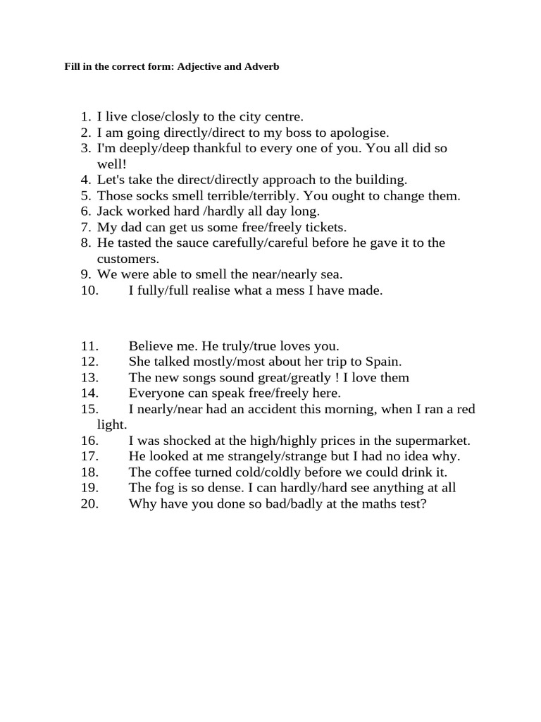 Adjective and Adverb Exercise Worksheet | PDF