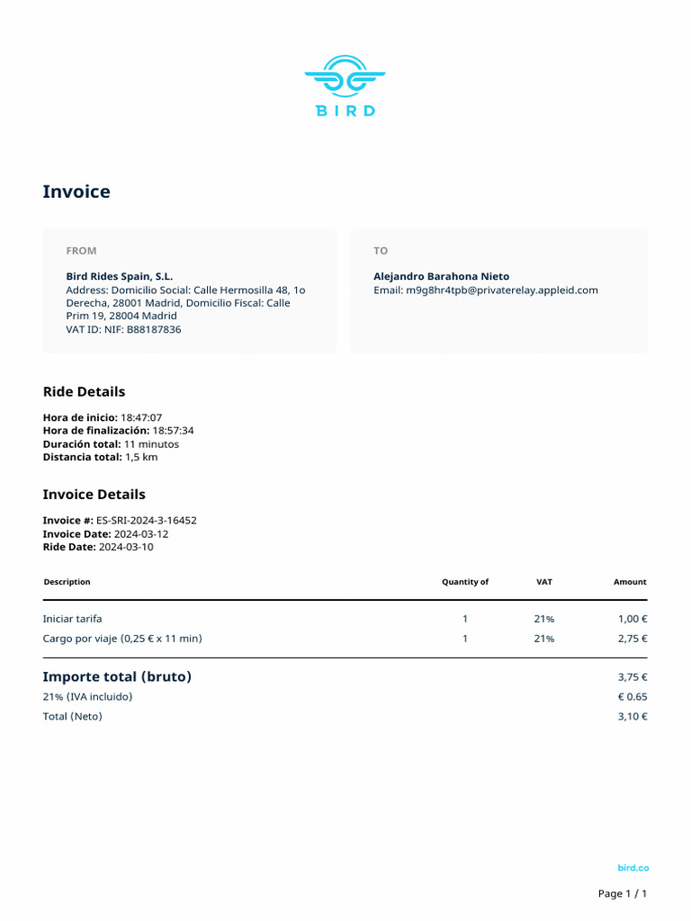 Bird - Ride - Invoice - ES SRI 2024 3 16452 | PDF